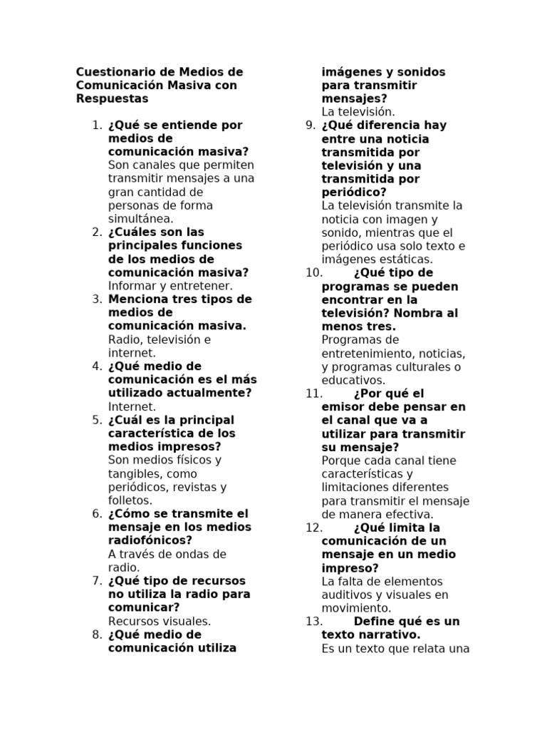 5°cuestionario de Medios de Comunicación Masiva Con Respuestas | PDF ...
