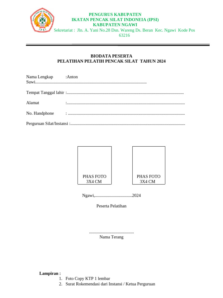 Biodata Peserta Pelatihan Pelatih | PDF