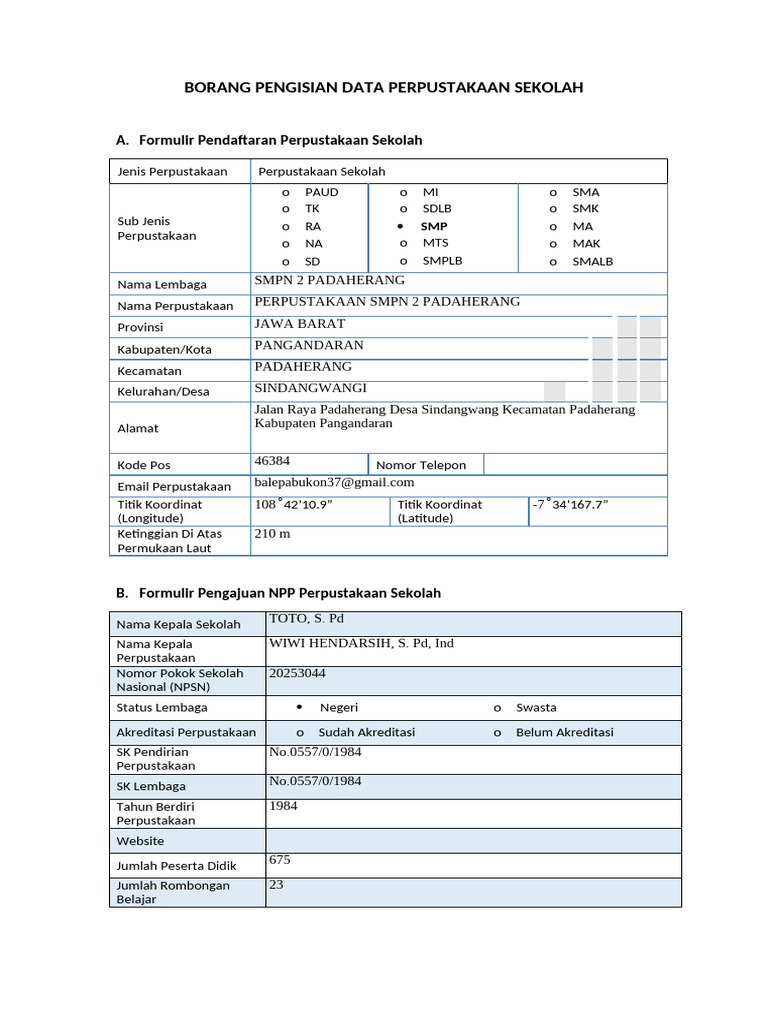 BORANG PENGISIAN DATA PERPUSTAKAAN SEKOLAH (2) | PDF