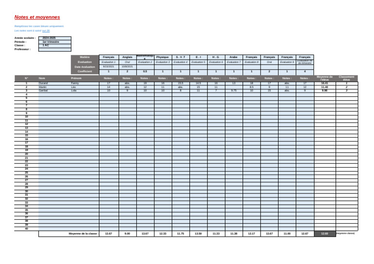 Tableau des Notes Scolaires 2024-2025 | PDF