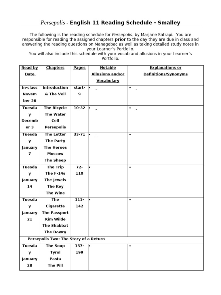 Persepolis Reading Schedule | PDF