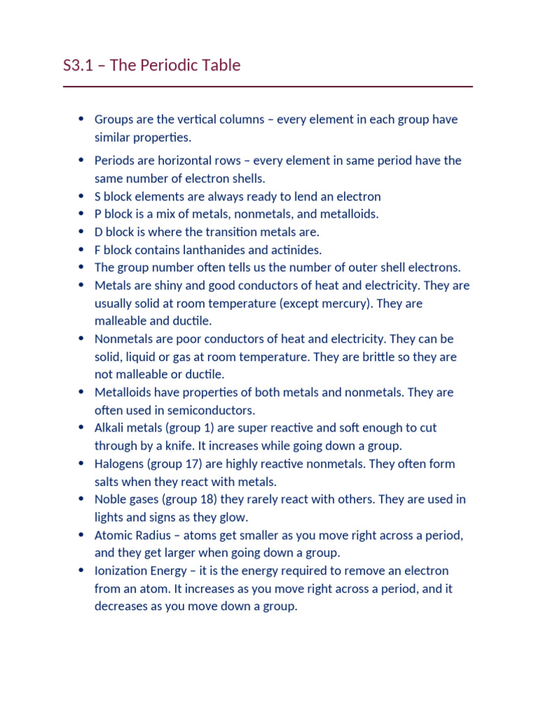 S3.1 Chemistry Periodic Table Notes | PDF | Ion | Transition Metals