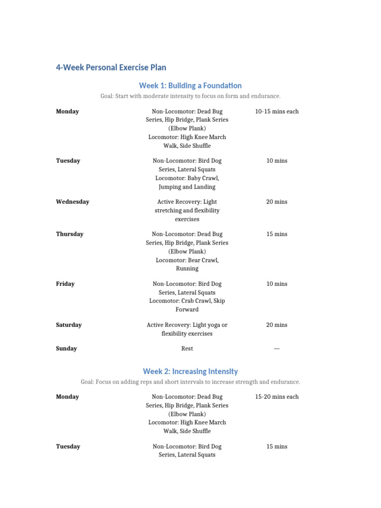 4 Week Personal Exercise Plan | PDF | Physical Exercise | Physical Fitness