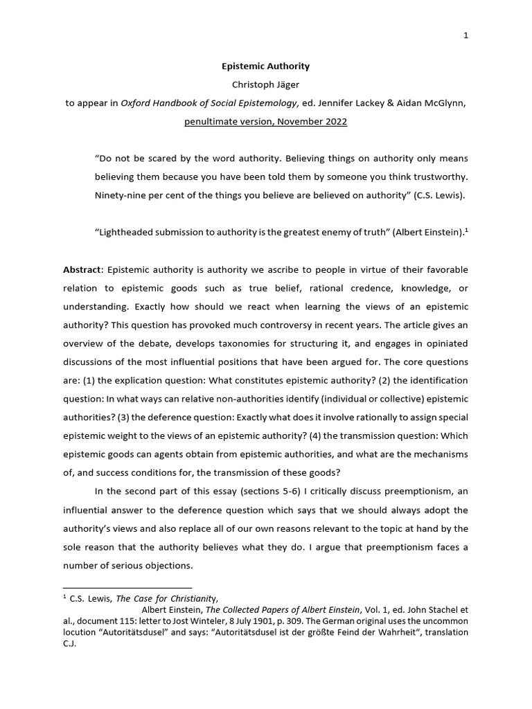 Oxford Handbook of Social Epistemology,: Epistemic Authority | PDF ...