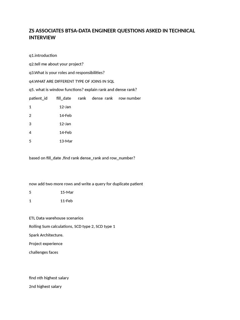 ZS ASSOCIATES BTSA de Technical Interview Questions | PDF