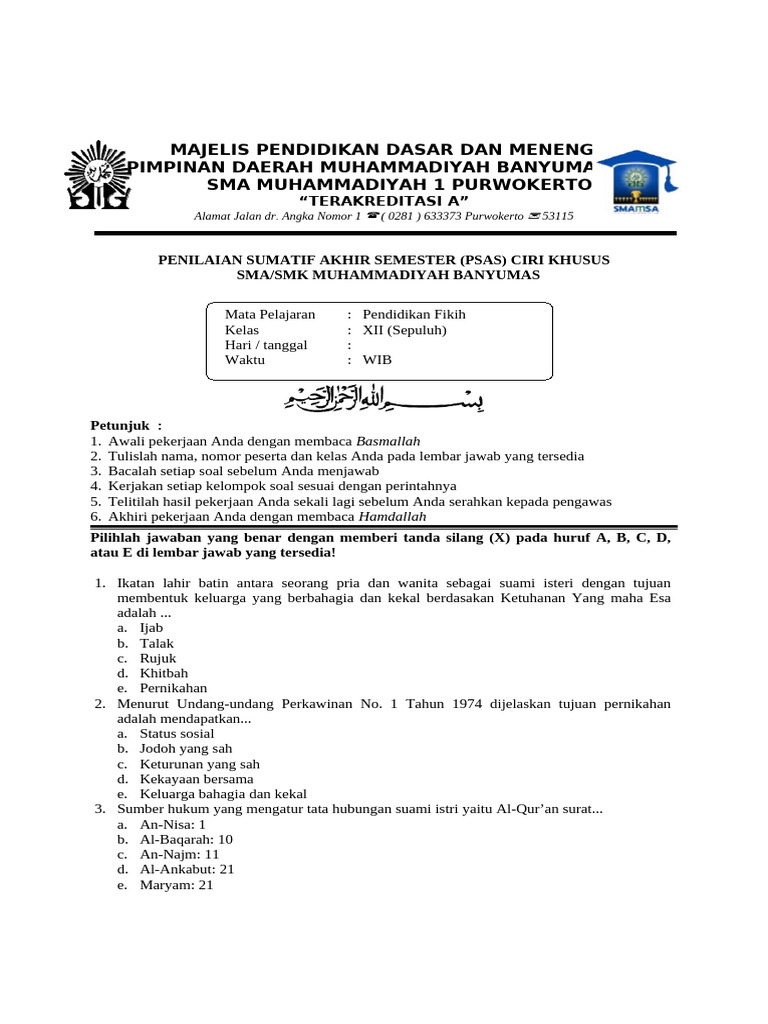 Soal PAS Ibadah Kelas XII 2024 | PDF