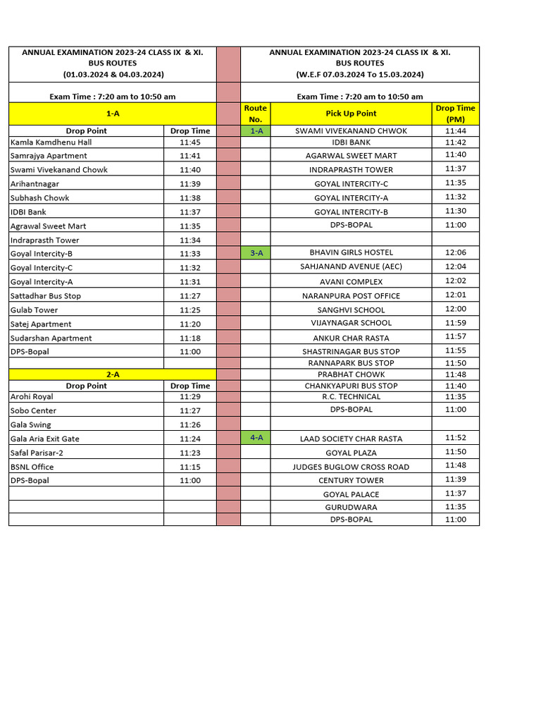2024 Class IX & XI Bus Routes Schedule | PDF