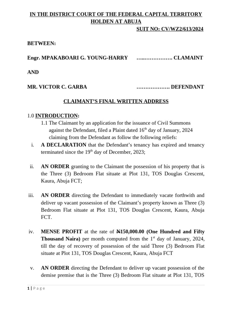 Final Written Address 4 Tenancy Matter | PDF | Leasehold Estate | Eviction