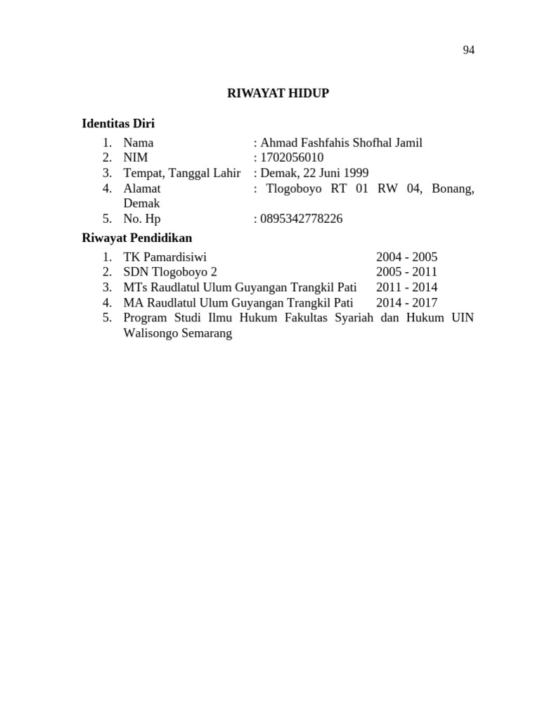 1702056010 _ahmad Fashfahis Shofhal Jamil_daftar Riwayat Hidup | PDF