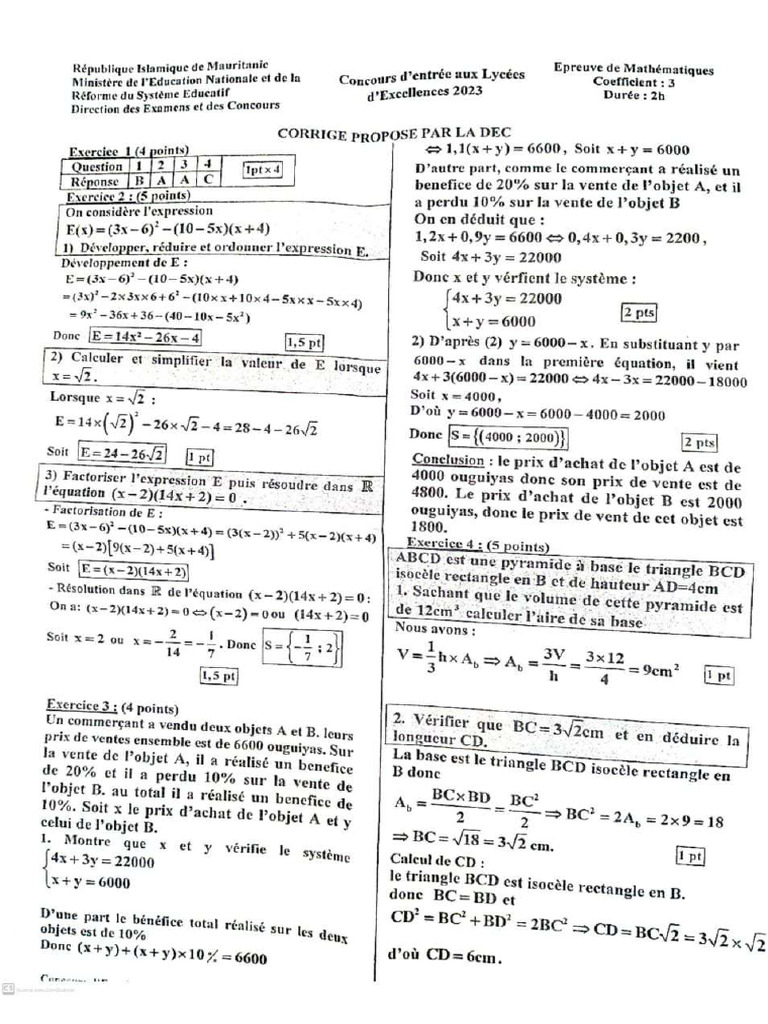 Correction Math Exellence 2023 | PDF