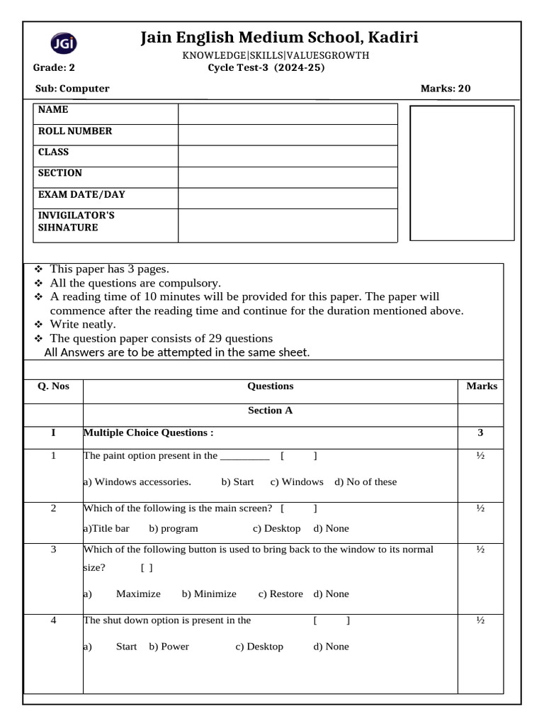 Grade 2 Computer QP CT-3 | PDF | Window (Computing) | Icon (Computing)