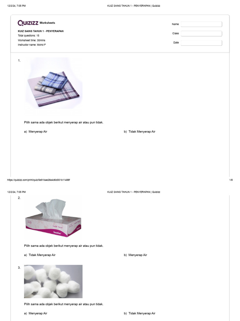 KUIZ SAINS TAHUN 1 - PENYERAPAN - Quizizz | PDF