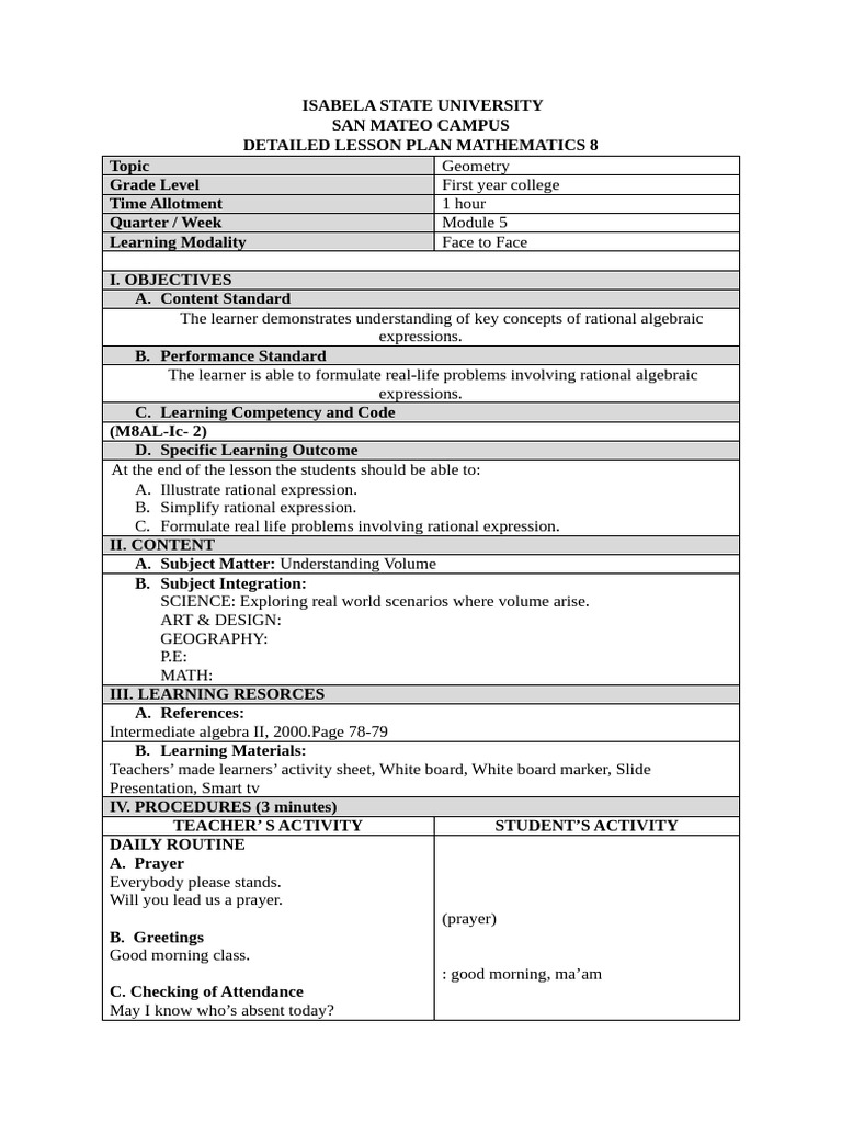 SORIANO AILENE JOY (5e's LESSON PLAN) 2 | PDF | Learning | Volume