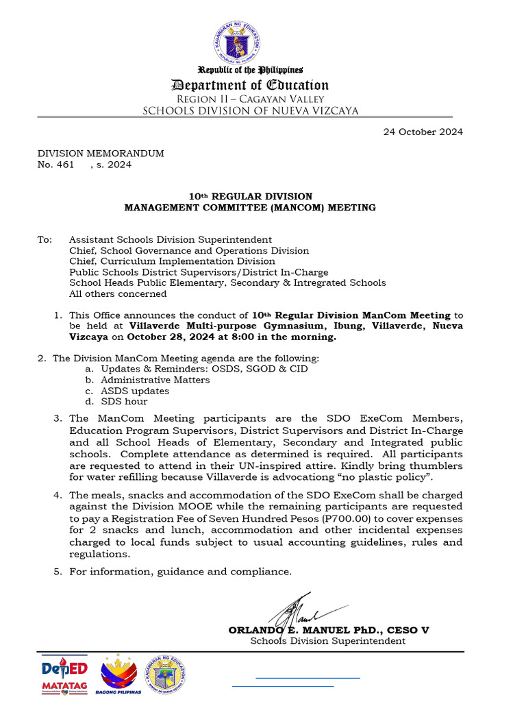 10th Division ManCom Meeting Notice | PDF | Government