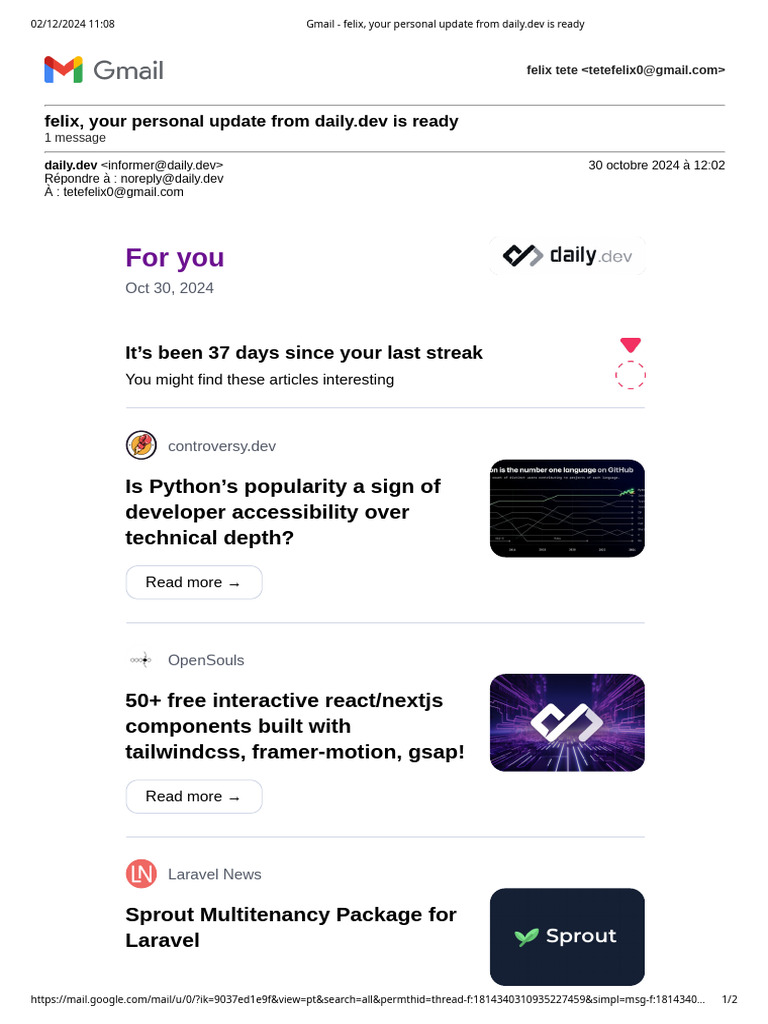 Gmail - Felix, Your Personal Update From Daily - Dev Is Ready | PDF | Gmail | Computing