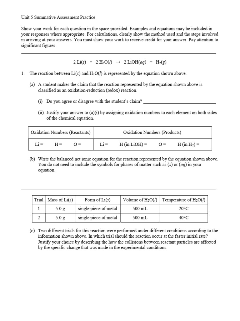 Unit 5 Summative Assessment Practice | PDF | Reaction Rate | Chemical ...