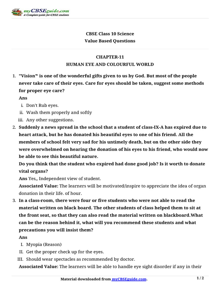 Human Eye Value Based Questions | PDF | Rainbow | Refraction