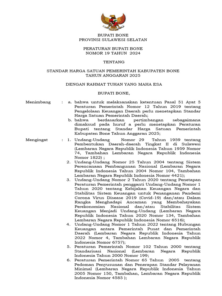 Scan Perbup Standar Harga Dan Lamp. No.19 THN 2024 Utk 2025 | PDF