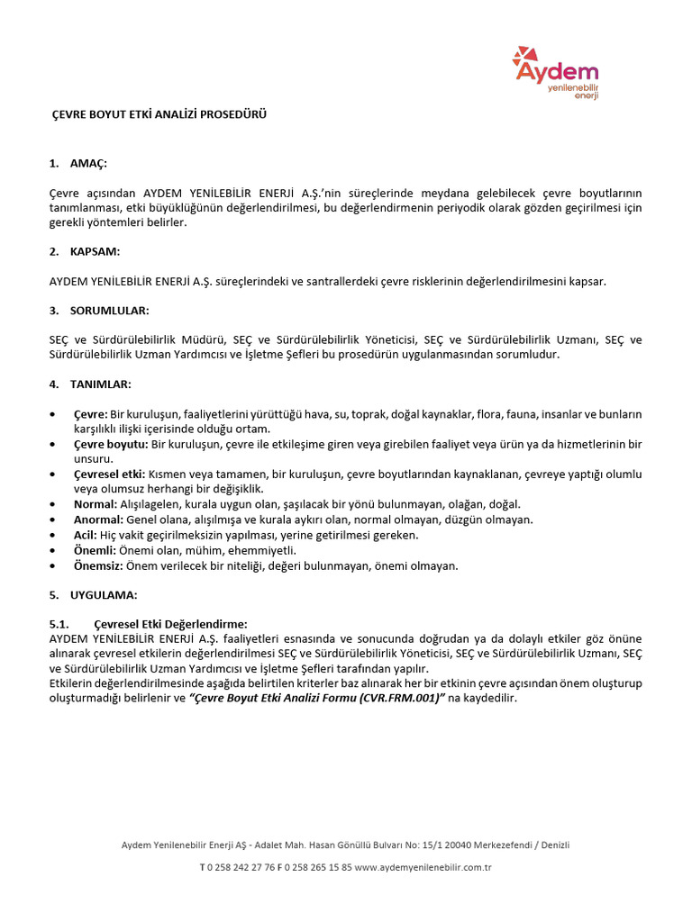 Çevre Boyut Etki Analizi Prosedürü | PDF