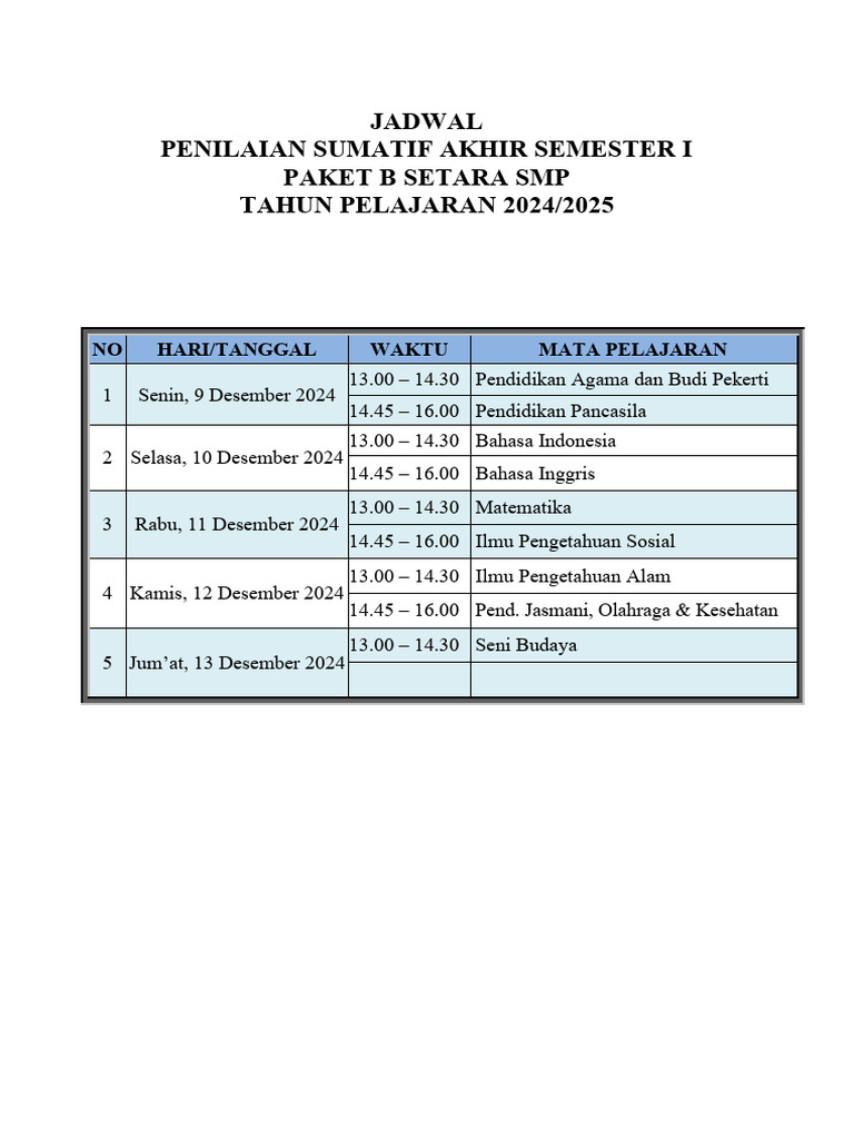 Jadwal Sas 2024-2025 | PDF