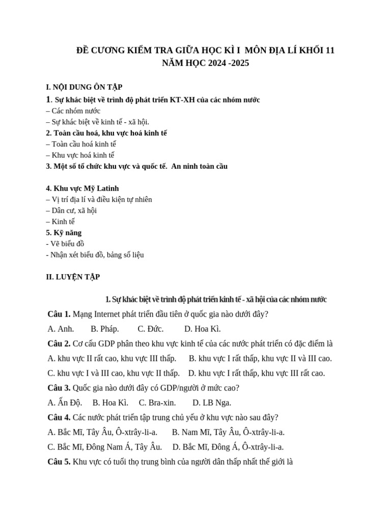 Đề cương GK1 11 - HS | PDF