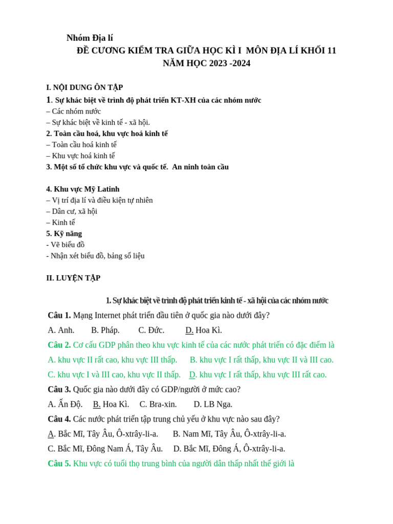 Đề cương GK1 11 - GV | PDF