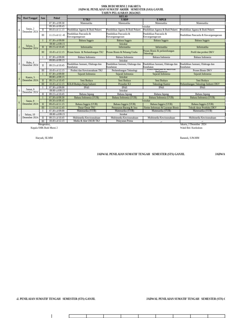 Jadwal Sas Semester Ganjil 2024-2025 | PDF