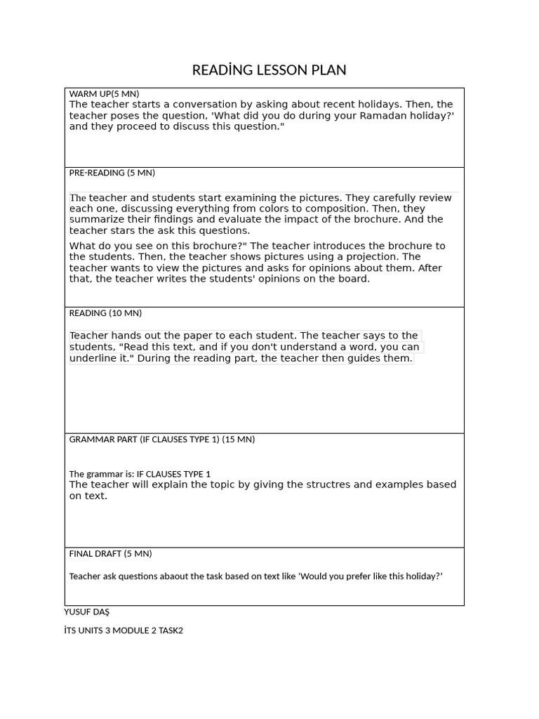 YUSUF DAŞ READING LESSON PLAN | PDF
