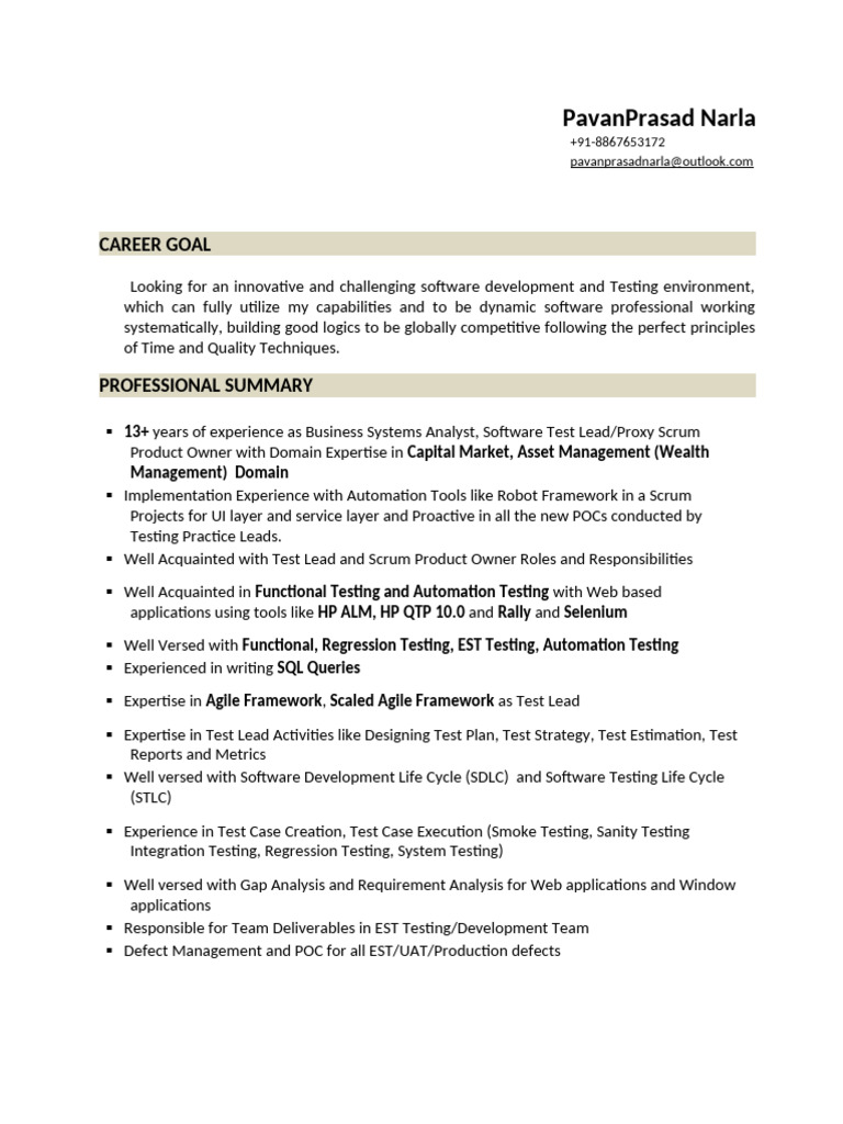Pavan Prasad Narla - Testing Resume | PDF | Software Testing | Software ...