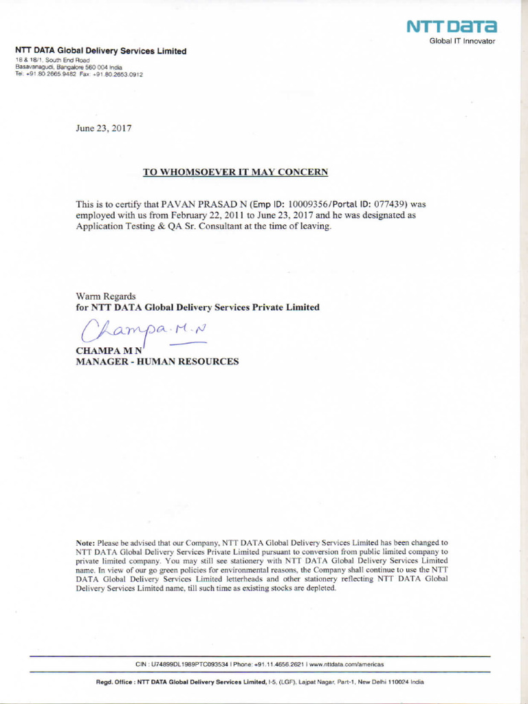 ExperienceLetter NTT | PDF