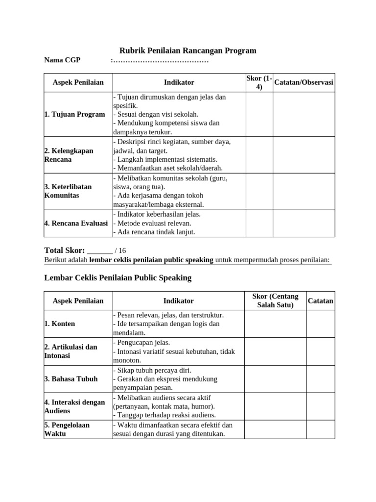 Rubrik Penilaian Program dan Public Speaking | PDF