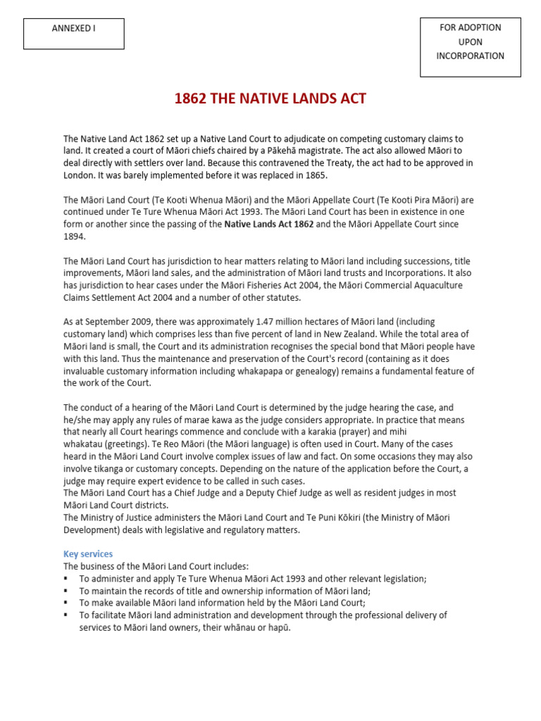 Annexed I 1862 The Native Lands Act | PDF | Public Law | Indigenous Peoples Of Polynesia