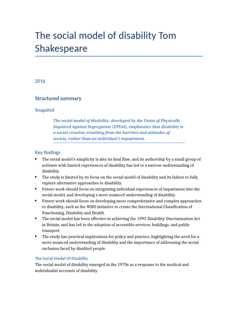 shakespeare_social-model-of-disability.pdf-2 | PDF | Disability | Social Psychology