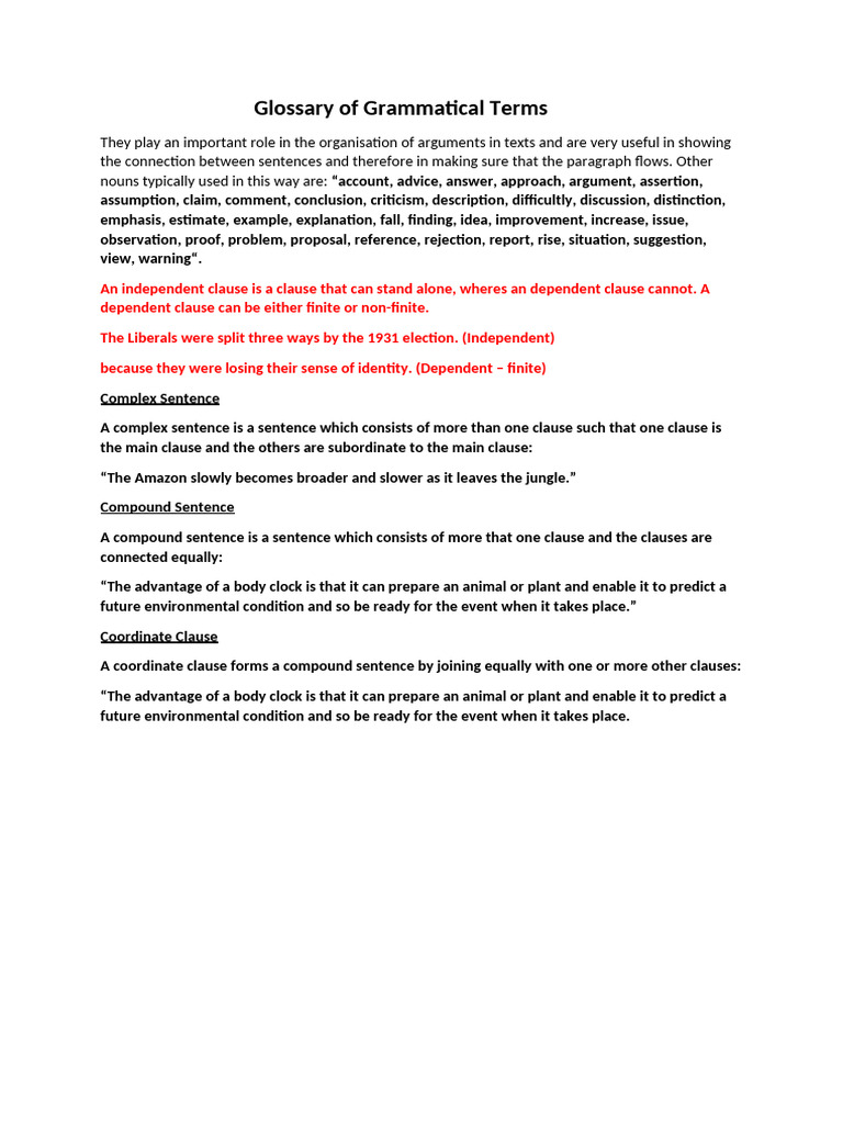 Glossary of Grammatical Terms | PDF | Clause | Sentence (Linguistics)