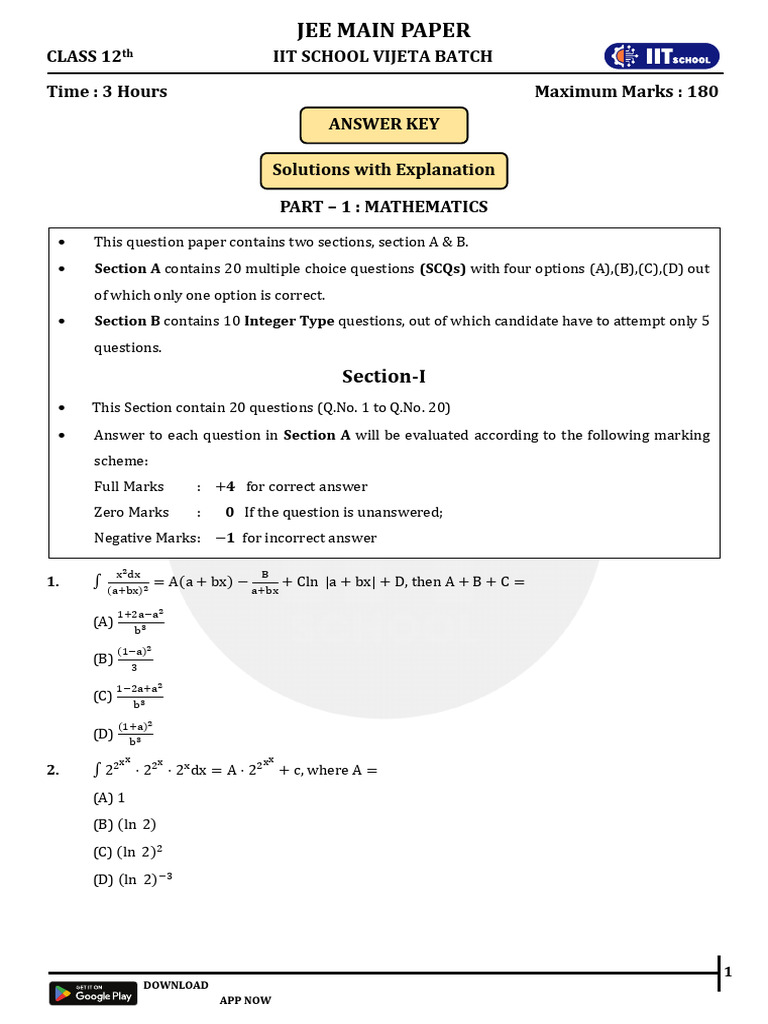 JEE Main Paper Class 12th Solutions | PDF | Magnetic Field | Electric Field