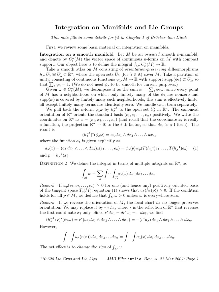 Integration On Manifolds and Lie Groups | PDF | Differential Form | Algebra
