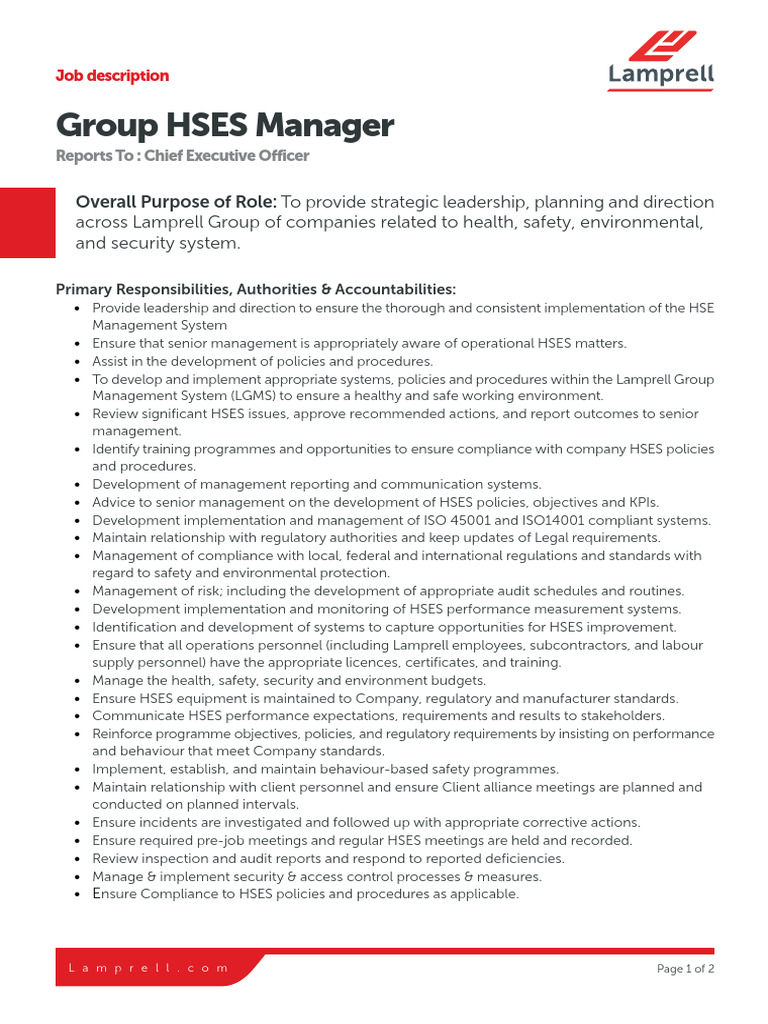 Lamprel - HSES Position 221124 | PDF | Regulatory Compliance | Business