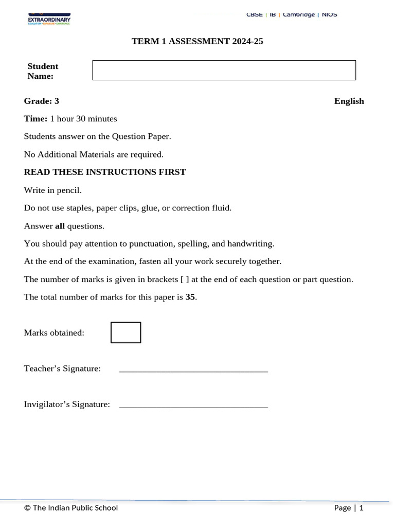 Grade 3 English Term 1 Assessment 2024-25 | PDF | Mental Health | Well ...