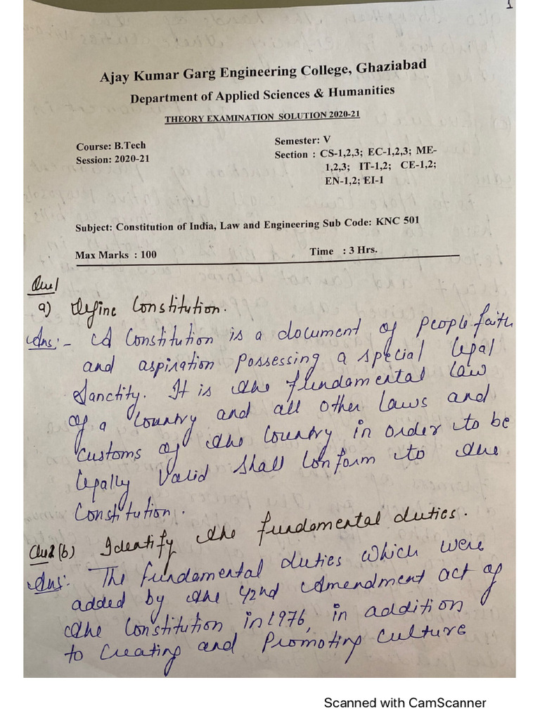 Constitution of India Law & Engineering KNC-501 UT Sol ODD 20-21 | PDF