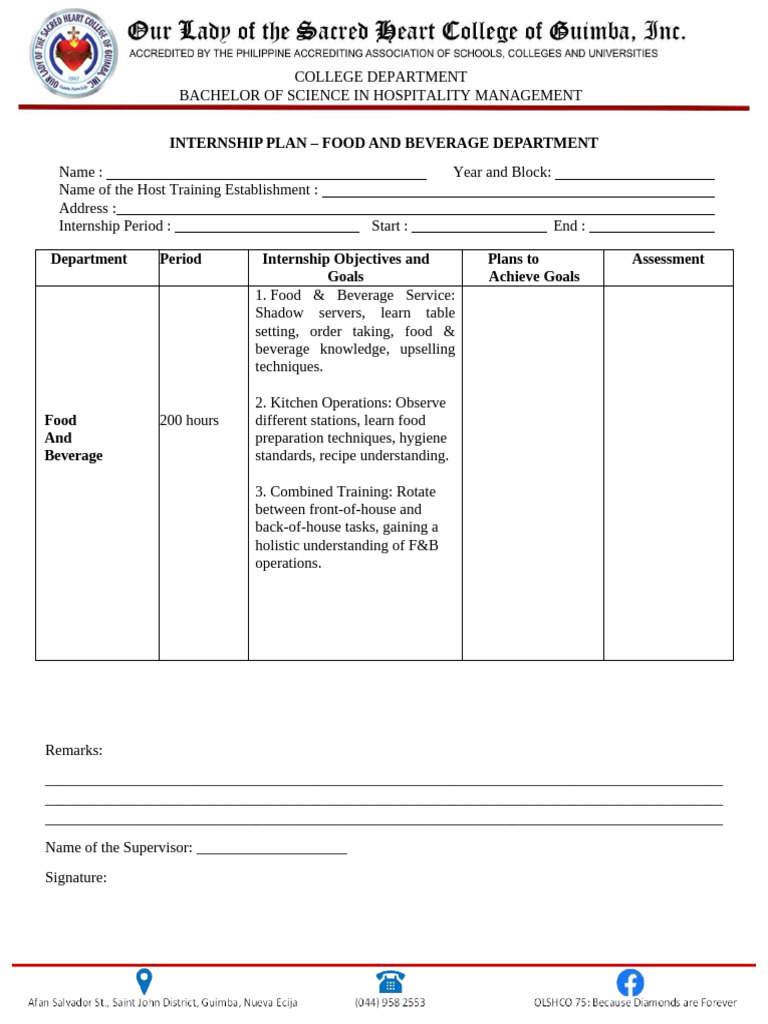 Internship Plan FnB | PDF