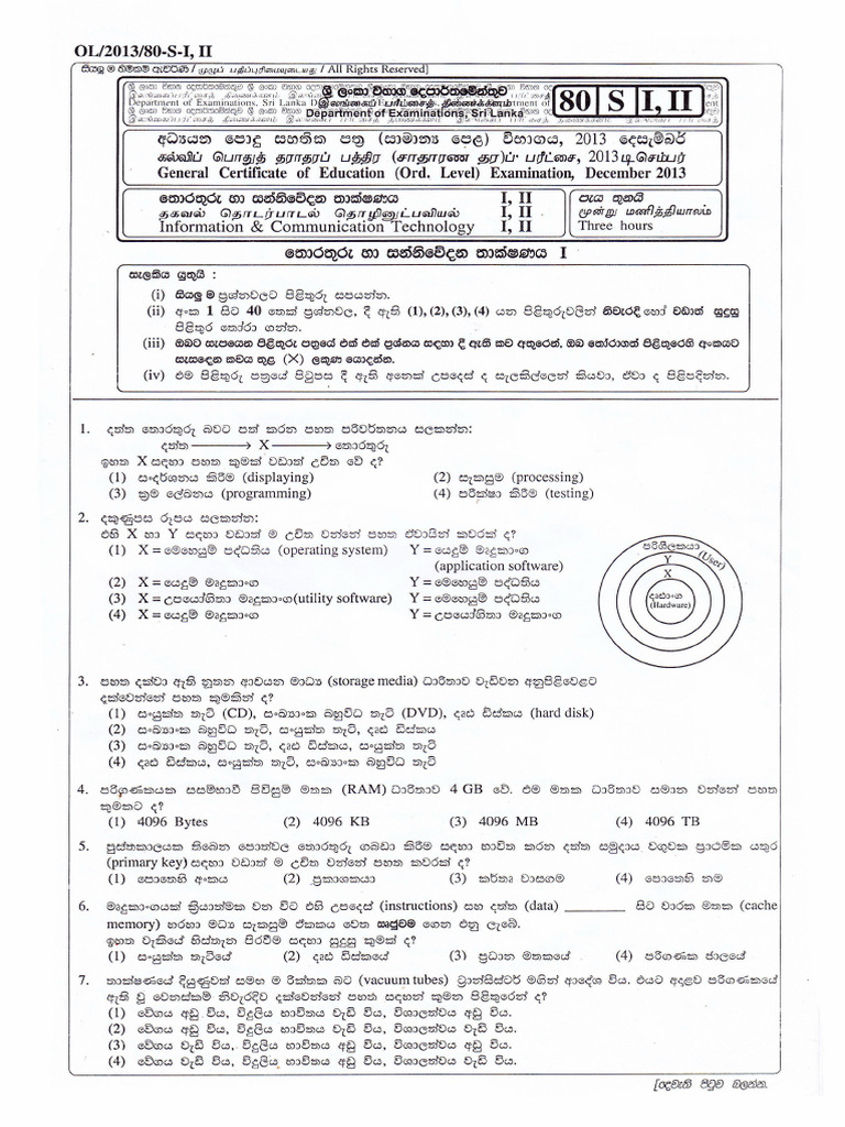 2013 OL ICT MCQ Sinhala at Apepanthiya - LK | PDF