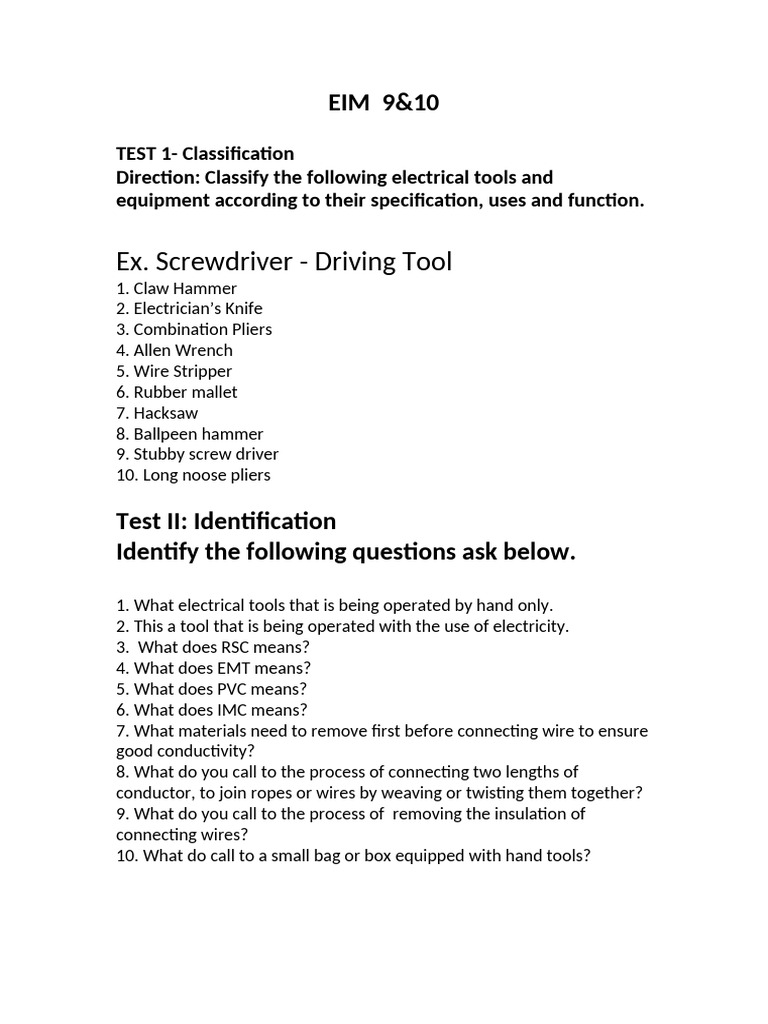 eim nov. quiz tools | PDF | Screw | Insulator (Electricity)