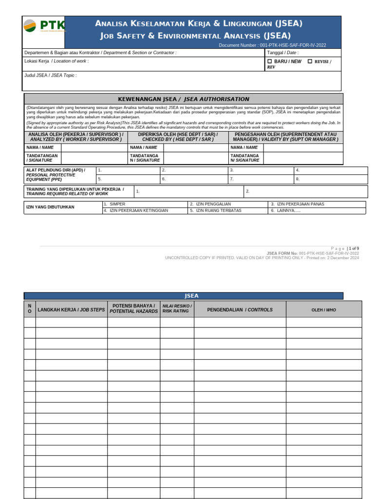 001-PTK-HSE-SAF-FOR-IV-2022 Form JSA | PDF