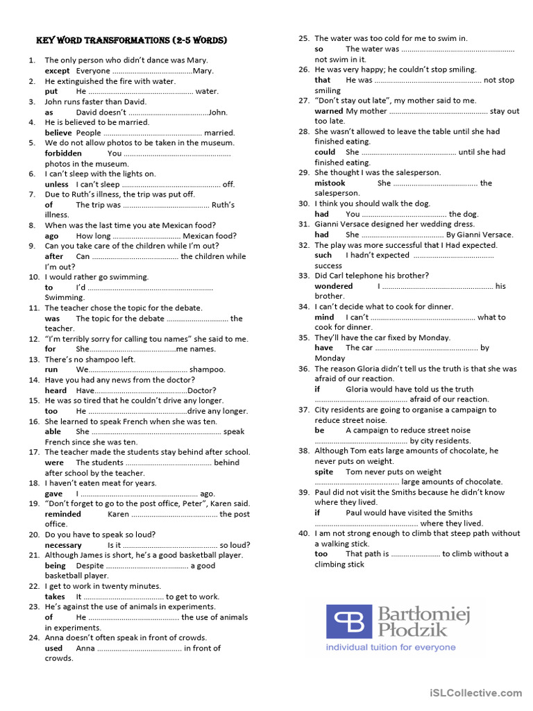 B2 Key Word Transformations Exercises | PDF