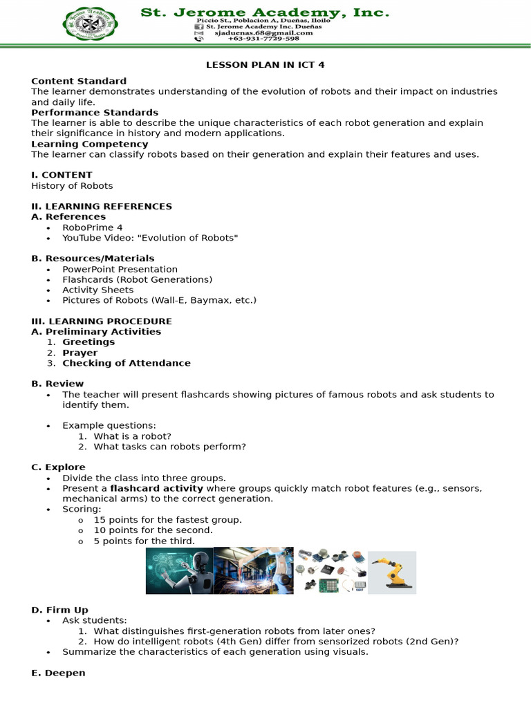Lesson Plan in Ict 4 | PDF | Robot | Robotics