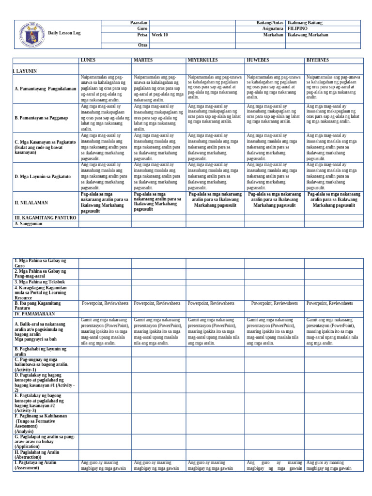 DLL Filipino 5 Week 10 | PDF
