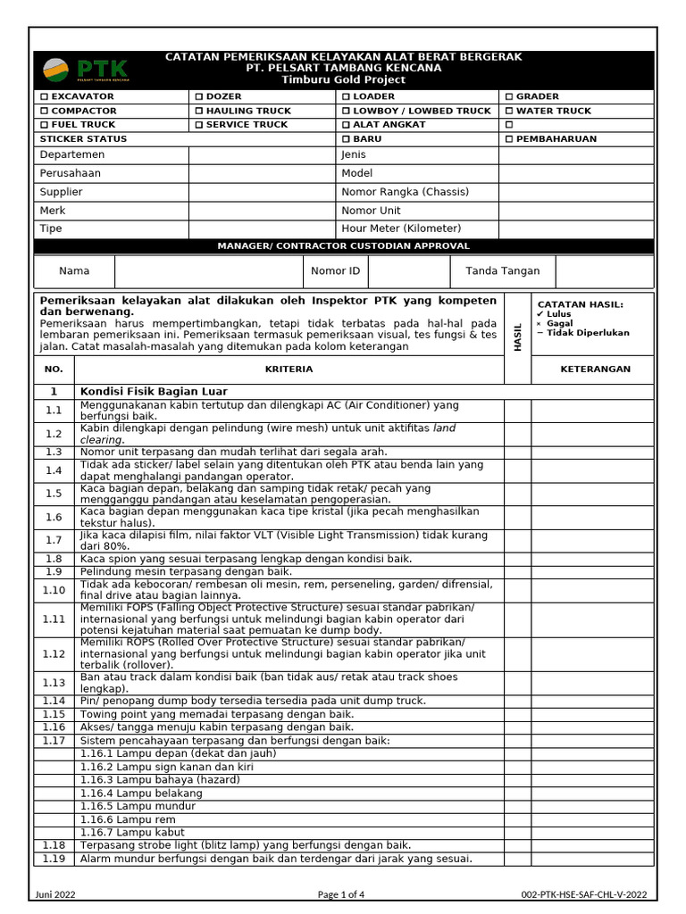002 PTK HSE SAF CHL VI 2022 Uji Kelayakan Alat Berat Bergerak PTK ...