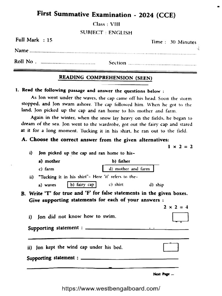 WB Board Class 8 Ut1 English 030624 2024 | PDF