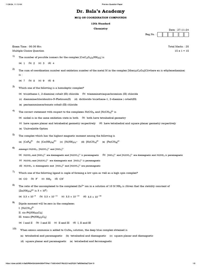 MCQ Coordination Compounds | PDF | Coordination Complex | Cobalt