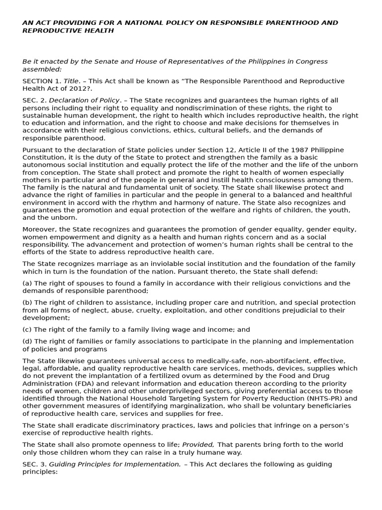 Responsible Parenthood and Reproductive Health Act | PDF | Family ...